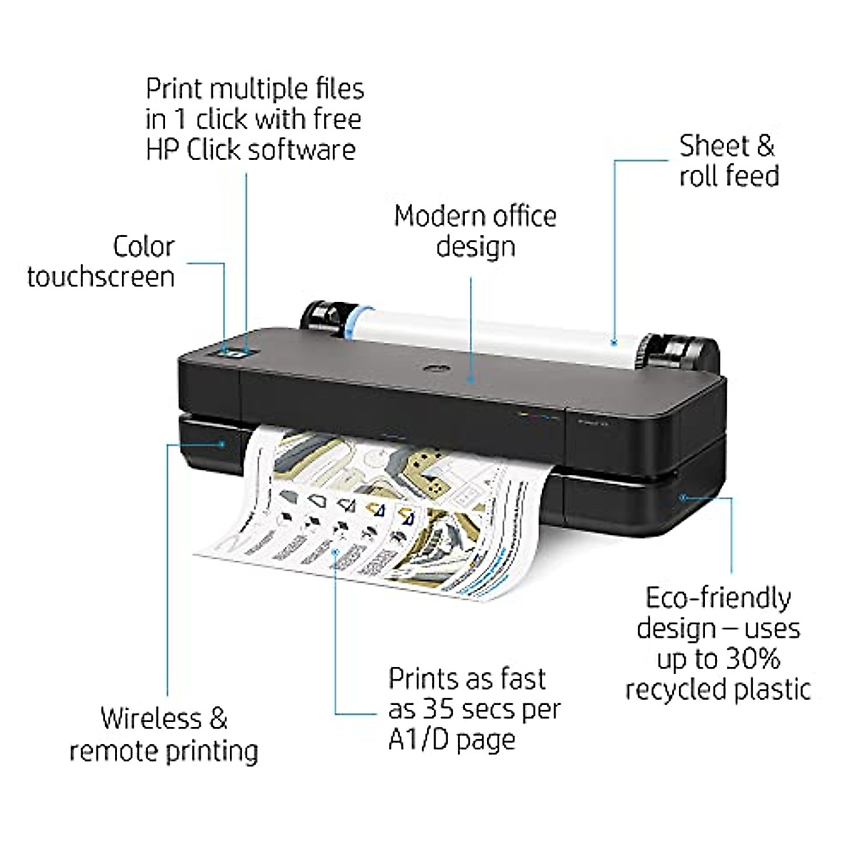 HP DesignJet T230 Large Format 24-inch Plotter Color Printer, with Modern Office Design (5HB07A)