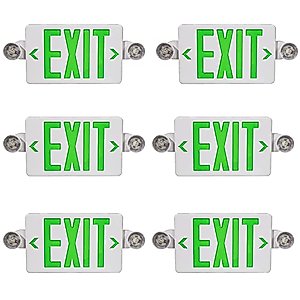 LED Exit Sign with Emergency Light, Green Exit Sign Light with 90 Minute Battery Backup, Green Letter Emergency Exit Sign Light with Two Adjustable Heads, AC 120-277V, UL Listed (6-Pack, Green)