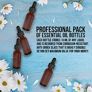 Nylea 4 Pack Essential Oil Bottles - Round Boston Empty Refillable Amber Bottle with Glass Dropper [ Free Stainless Steel Funnel ] for Liquid Aromatherapy Fragrance Lot - (1/3 oz) 10ml