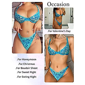 Dlsave Women's Sexy Exotic Lace 2 Piece Lingerie Set Sexy Floral Underwired Bra and Panty Sets Blue