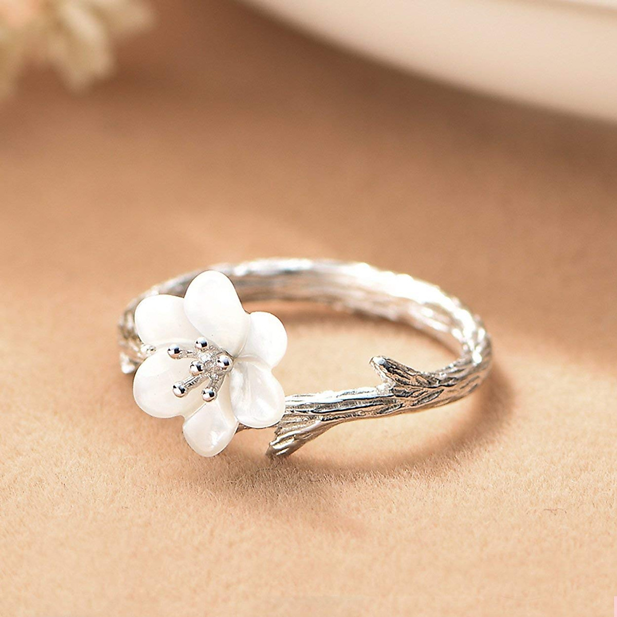 Jewever 925 Sterling Silver Original Sakura Open Tail Ring Adjustable White Shell Carving Flower For Women Jewelry Gift