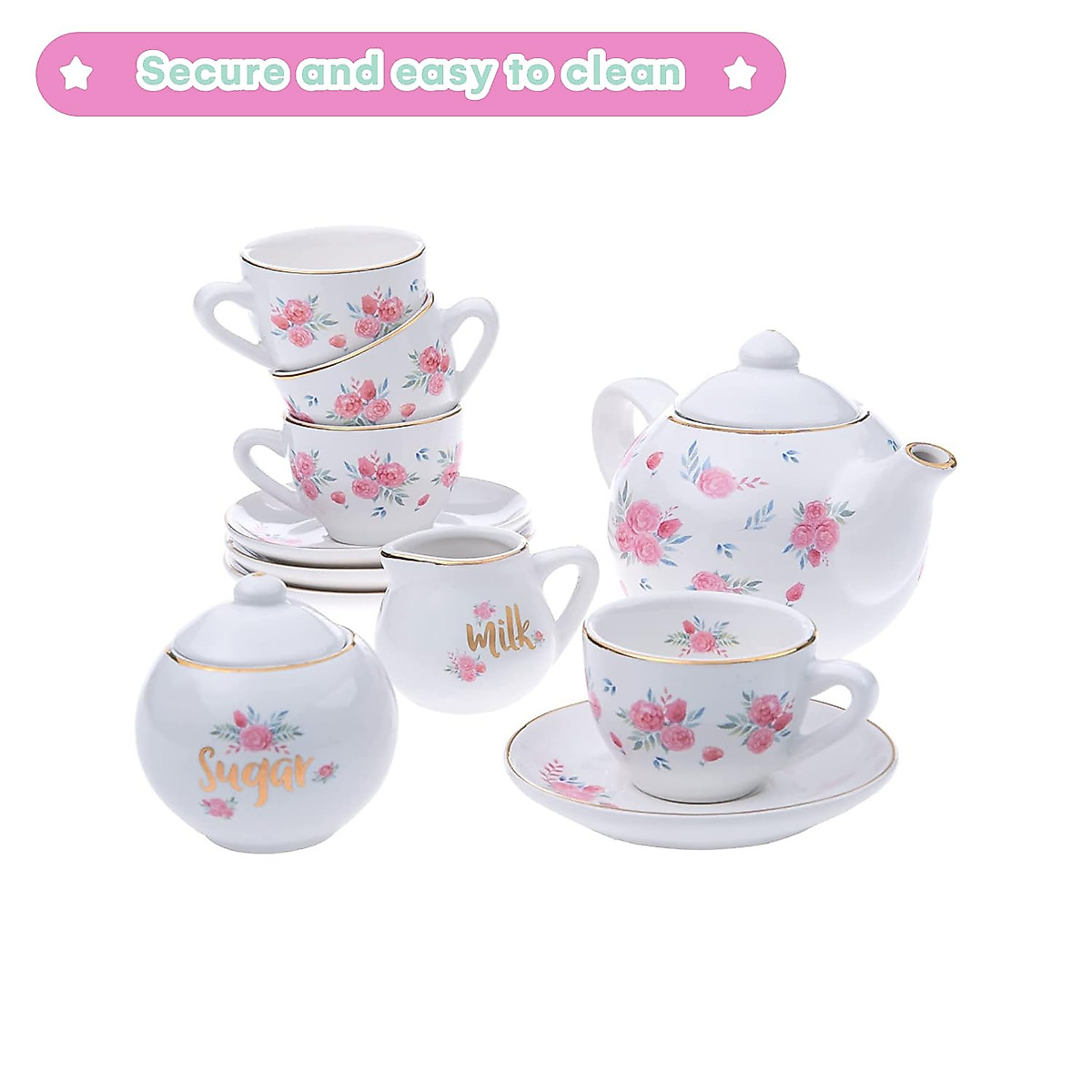 Jewelkeeper Tea Set for Little Girls - 13 pcs. Porcelain Tea set for kids Tea Time includes Teapot, 4 Tea Cup and saucers, creamer and sugar bowl. Floral design with Pink Roses tea party set