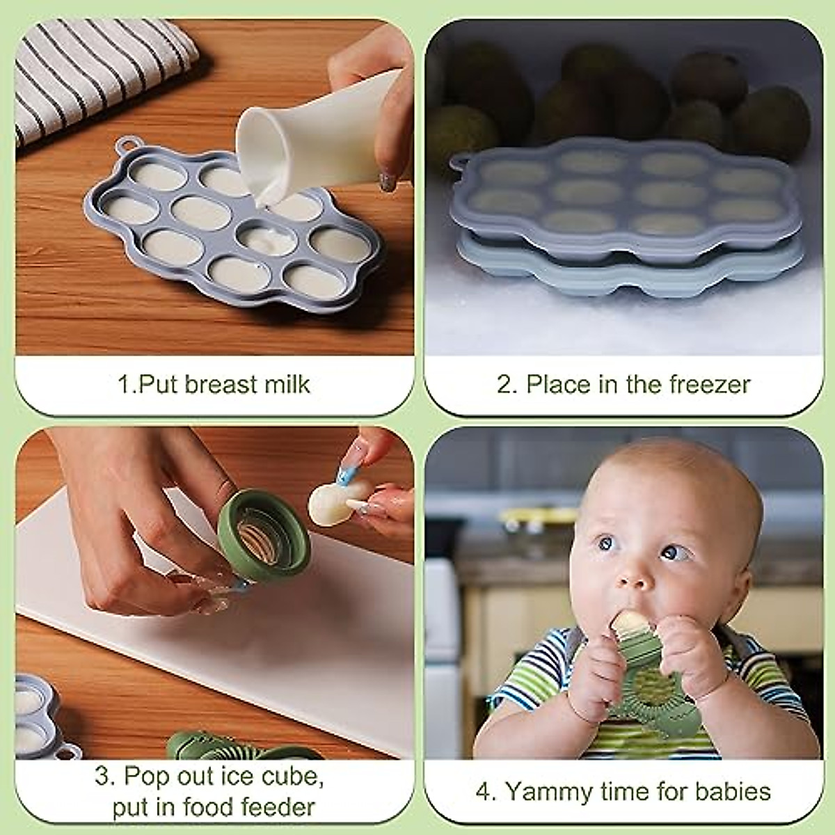 btrfe Silicone Breastmilk Popsicle Molds with Baby Fruit Feeder Combo, Baby Food Storage Freezer Tray & Mesh Feeder Pacifier for Teething 4 Month+