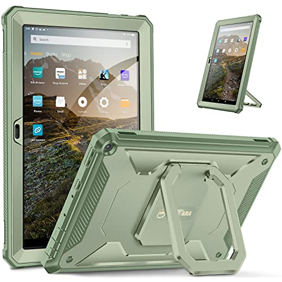 Fintie Case for Amazon Fire HD 10 & Fire HD 10 Plus (11th Generation, 2021 Release) - [Tuatara Rotating] Multi-Functional Grip Carry Stand Cover w/Built-in Screen Protector, Sage Green