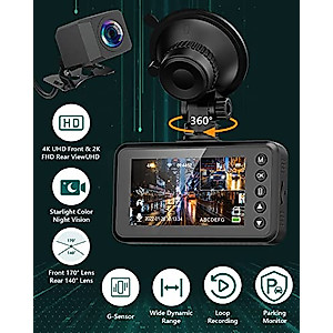 4K Dash Cam, UHD Front 4K & Rear 2K Dual Dash Camera for Cars, 3" IPS 170° Wide Angle Dashboard Camera with 64GB Card and Card Reader, Parking Guard, WDR, Starlight Night Vision,G-Sensor