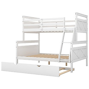DEYOBED Twin Over Full Bunk Bed with Twin Size Trundle, Wooden Bed Frame with Ladder and Safety Guardrail for Kids Boy Girls, Can Convertible into 2 Separated Beds, White