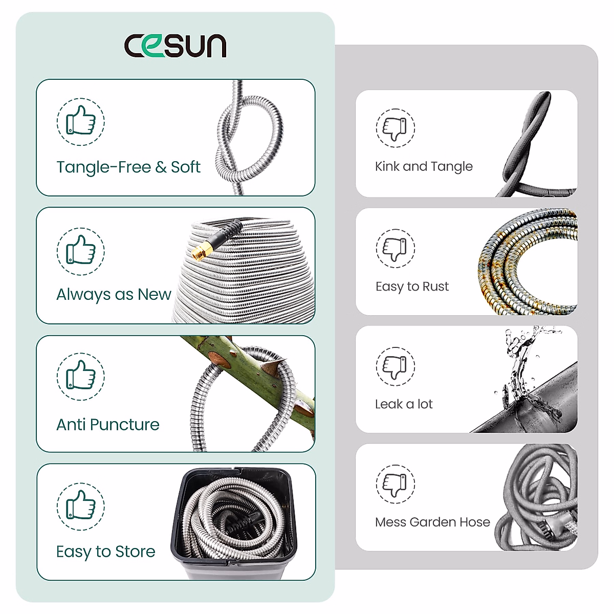 Cesun Short Garden Hose 3 feet, Metal Leader Water Hose, Heavy Duty and Lightweight Stainless Steel Water Pipe for RV, Outdoor, Yard, Lawn, 3ft x 5/8", Female to Male