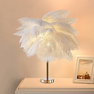 Ruconla Ostrich Feather Table Lamp with Plug in Wire, Modern Feather Lamp 5-Light Bedside Table Lamp, Golden Lamp Body for Bedroom Nightstand Lamp Desk Night Light (White)