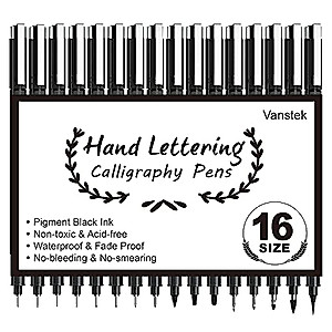 Vanstek 16 Pack Hand Lettering Pens, Calligraphy Pens Markers, Black Ink for Beginners Writing, Lettering, Bullet Dotted Journaling, Art Drawing, Signature, Illustrations and Office School Supplies
