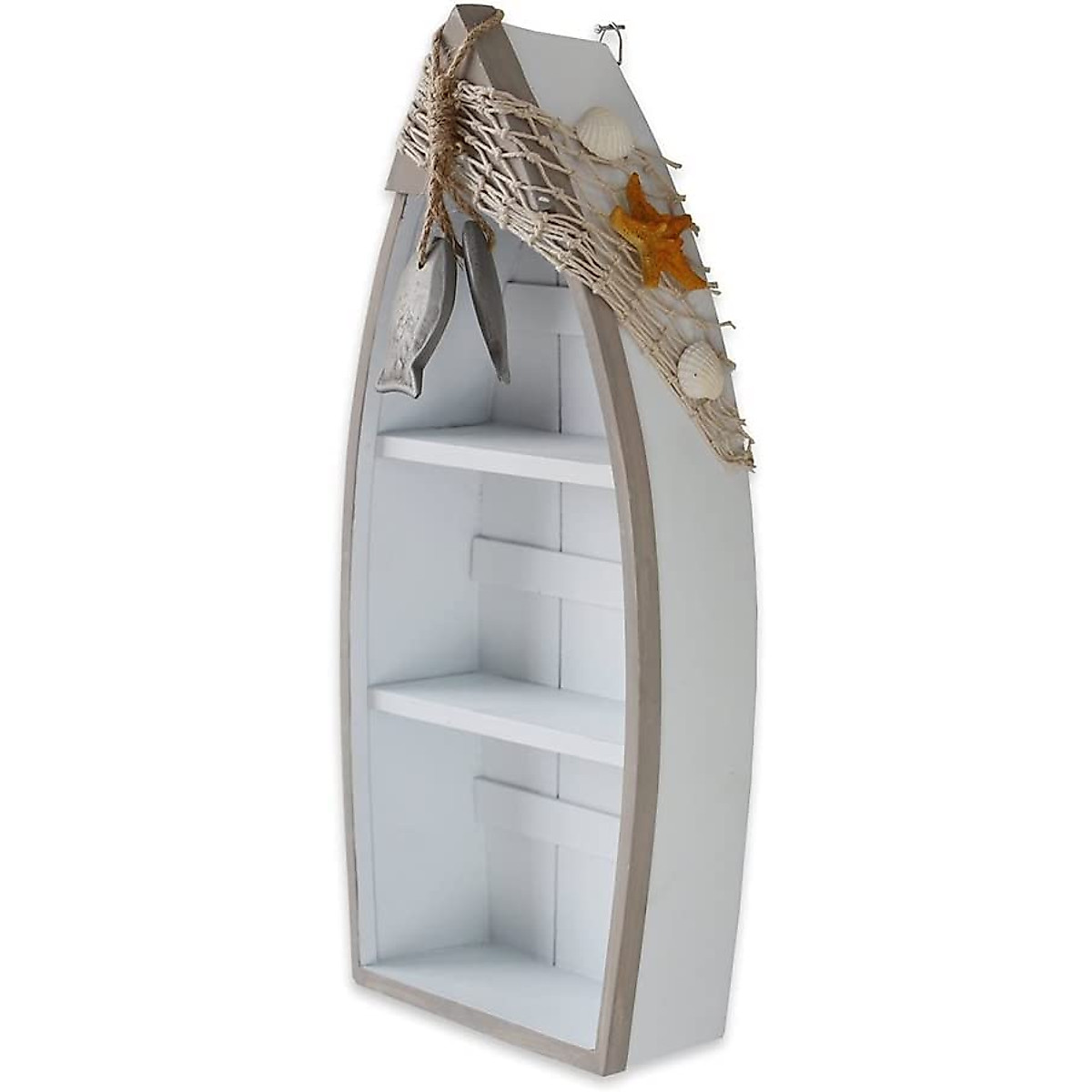 Linfevisi Wood Boat Shelf Decor Beach Theme Standing Boat Shelf Wooden Boat Decor Boat Book Shelf Nautical Decor Standing Boat Display with Net Starfish Seashell Accent Home Decor for Bathroom 16.5"