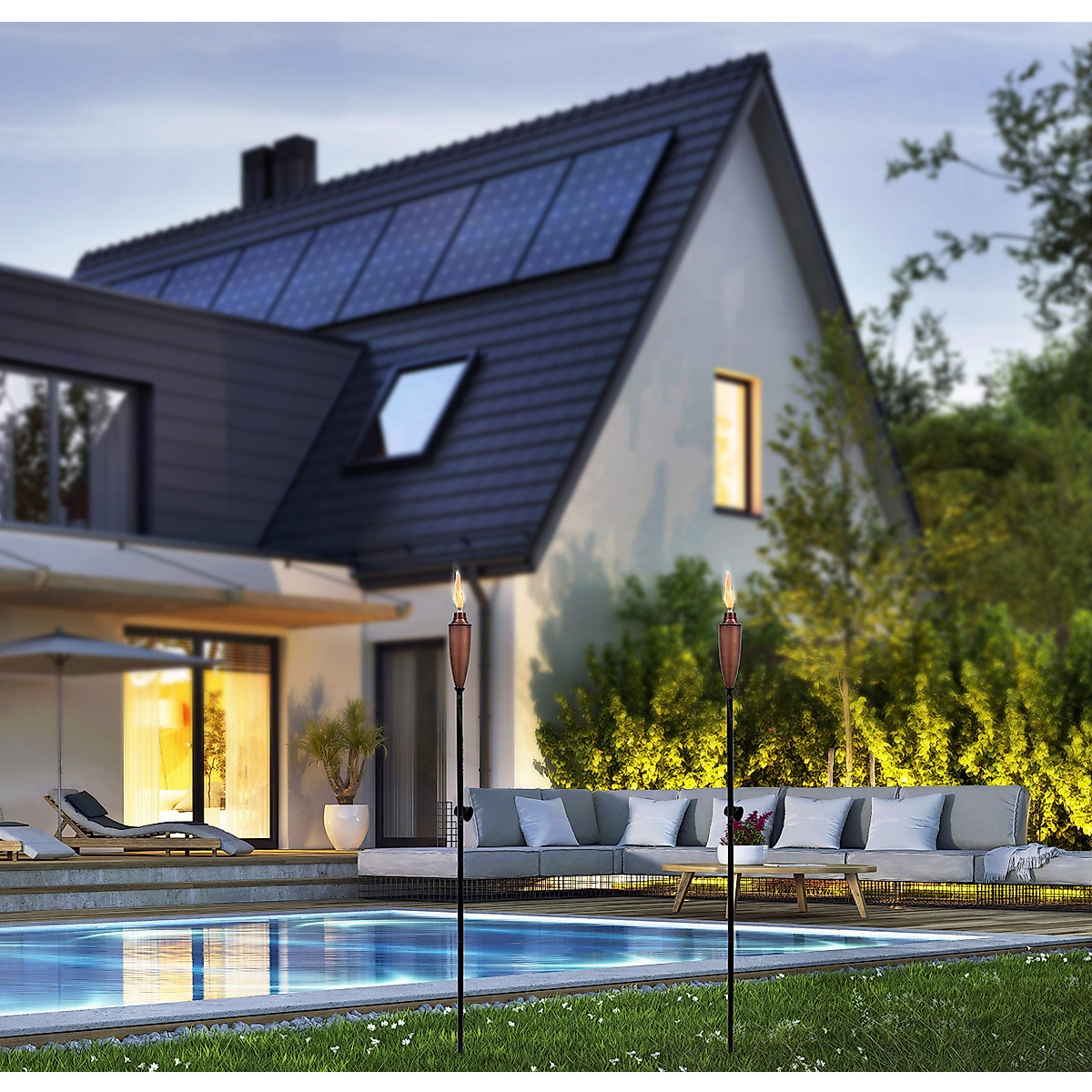 BIRDROCK HOME 4 Pack Round Outdoor Torches - Bronze - Flame Light Torch - Backyard Garden Patio Lighting - Metal Lamp - Decorative Urban Lantern