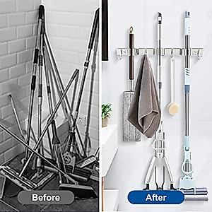 FULGENTE Broom Mop Holder, Wall Mount Storage Cleaning Tools Organizer for Laundry Garage Garden Bath Kitchen, Screw-In Heavy Duty Stainless Steel Utility Rack Hanging Shelf (3 Racks 4 Hooks)
