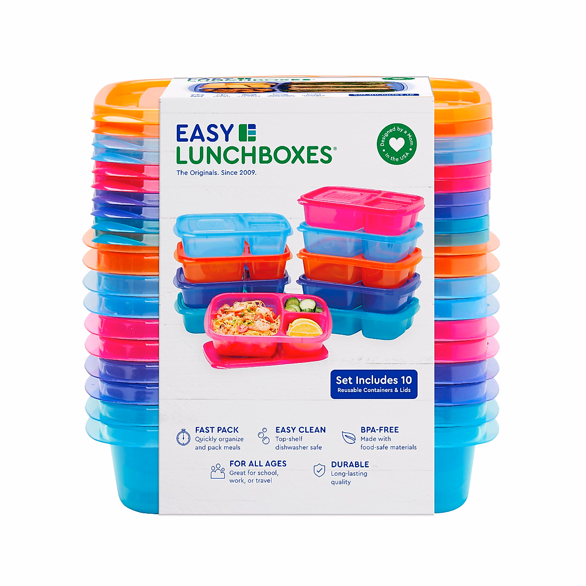 EasyLunchboxes® - Original Stackable Lunch Boxes - Reusable 3-Compartment Food Containers for Kids and Adults - Bento Lunch Box for Meal Prep, School, & Work - BPA Free, Set of 10 (Jewel Brights)