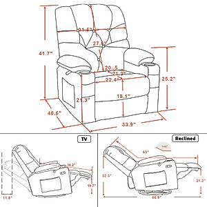 MCombo Electric Power Swivel Glider Rocker Recliner Chair with Cup Holders for Nursery, Hand Remote Control, USB Ports, 2 Side & Front Pockets, Plush Fabric 7797 (Grey)