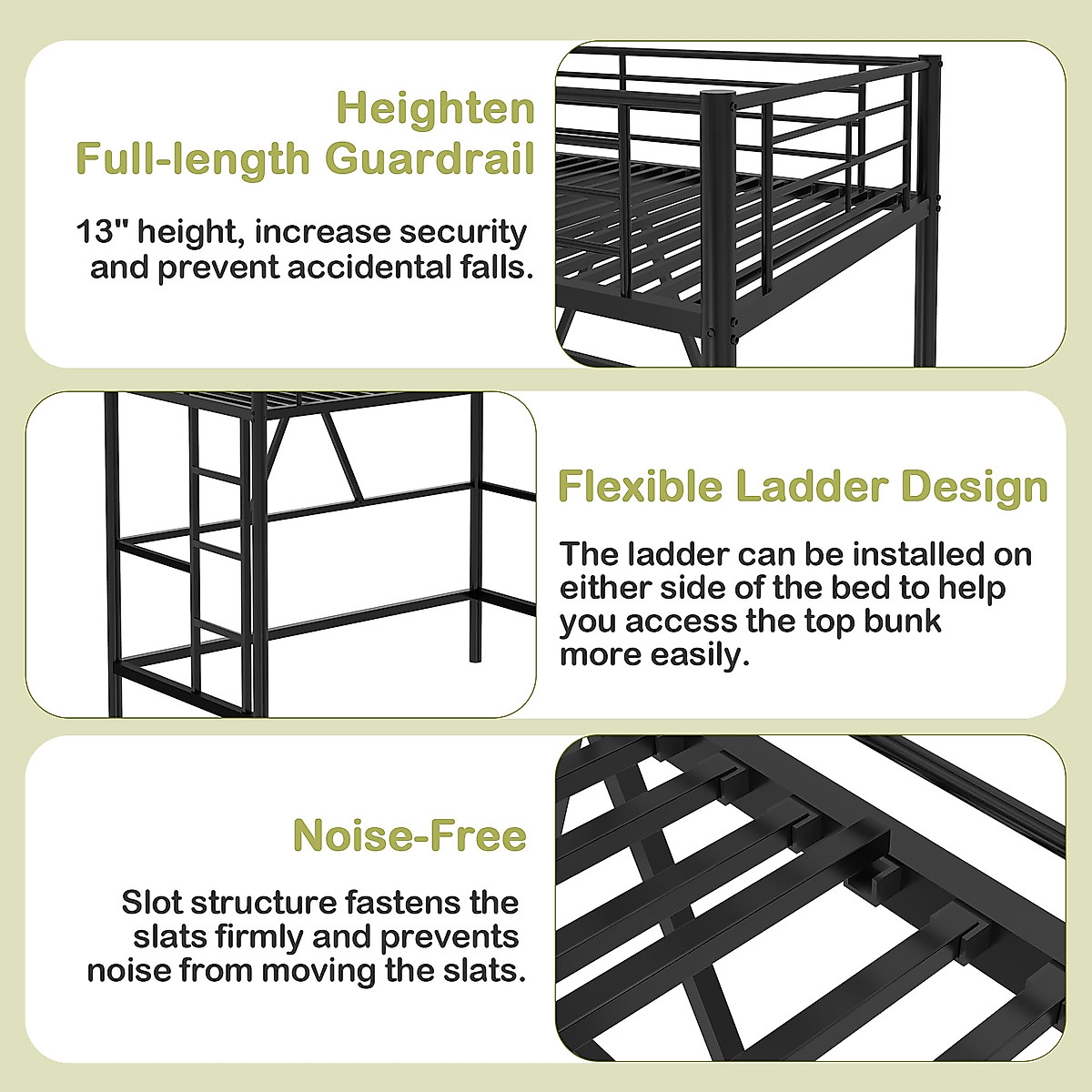 VECELO Loft Bed Twin Size, Metal Bedframe with Removable Ladder and Safety Guardrail, No Box Spring Needed, Space Saving, Noise Free, Black