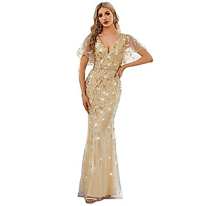 Ever-Pretty Women's Ruffles Sleeves Sequin Embroidery Evening Mother of The Bride Dress Gold US20