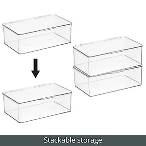 mDesign Plastic Bathroom Stackable Storage Box with Hinged Lid for Vanity/Countertop - Holds Soap, Body Wash, Shampoo, Lotion, Conditioner, Towels, Accessories, Body Spray, Mouthwash - 4 Pack - Clear