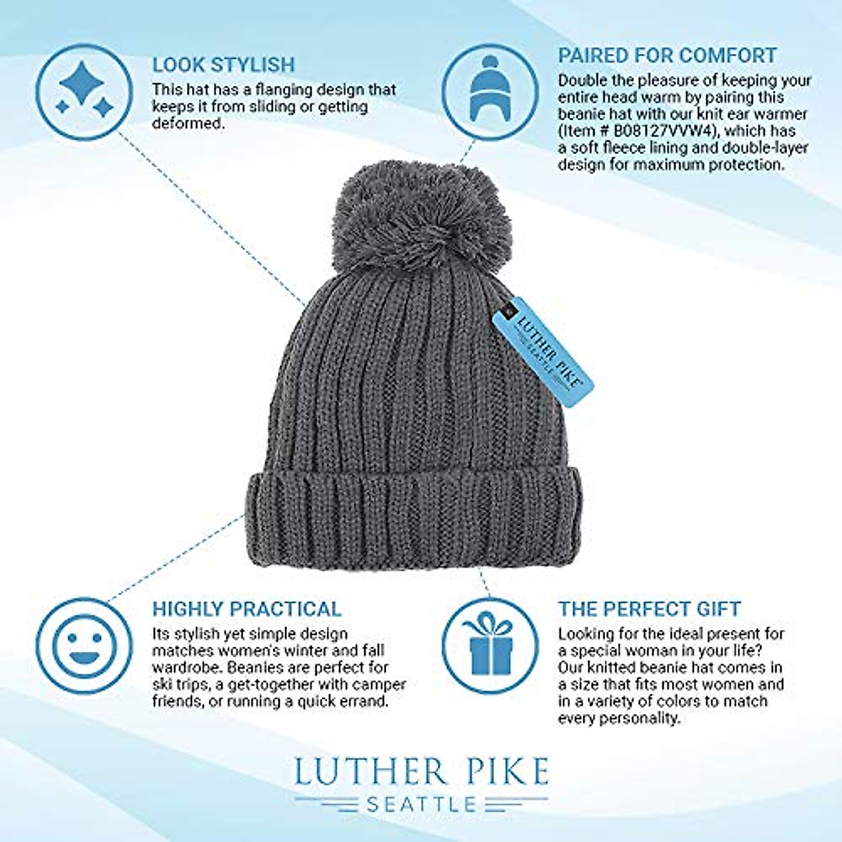 LUTHER PIKE SEATTLE Winter Pom Pom Beanie Hat - Cute Knit Yarn and Warm Fleece-Lined Slouchy Skull Ski Cap for Women - Cool Hair Accessories, Great for Boho, Hipster, and Winter Outfits Dark Grey Gray