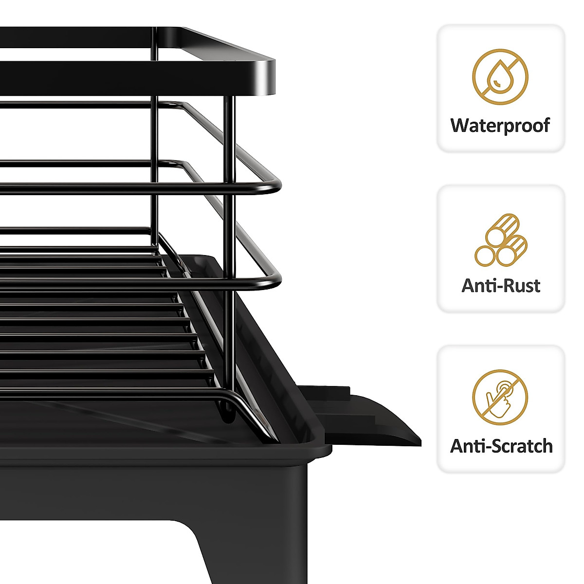 MAJALiS 304 Stainless Steel Dish Drying Rack for Kitchen Counter, 2 Tier Large Dish Draines, Dish Strainers with Drainboard Set, Dish Dryer Rack with Utensil Holder, Knife Holder (Black)
