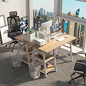 SogesHome Computer Desk 47inches Trestle Desk PC Desk with Shelf Office Desk Workstation for Home Office Use Writing Table, Oak, Tplus-120OK-SH