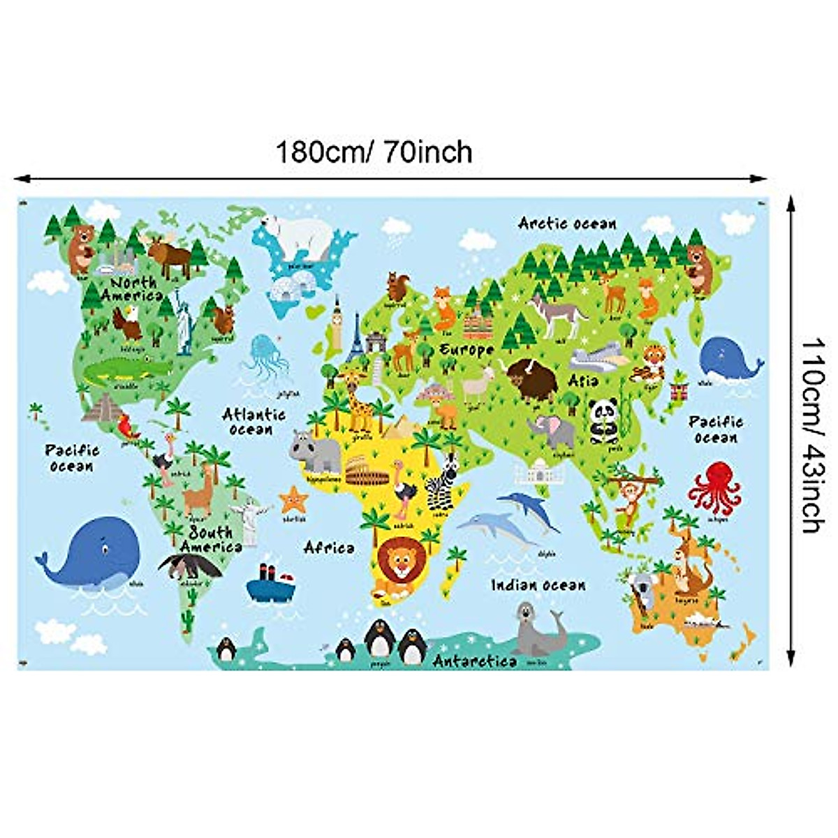 World Map Backdrop Animal Landmarks World Map Tapestry for Kids Educational Cartoon Animals World Background Wall Hanging for Nursery Bedroom Living Room Classroom Dorm or Animals Party Decorations