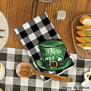 Artoid Mode Buffalo Plaid Clover Shamrock Lucky Charm St. Patrick's Day Kitchen Towels Dish Towels, 18x26 Inch Seasonal Kiss Me Hat Decoration Hand Towels Set of 4