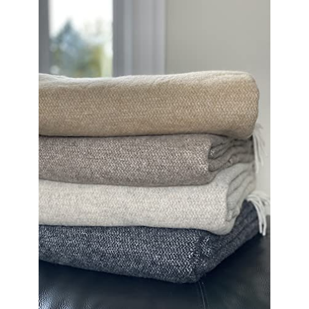 Eikei Wool Throw Blanket Double Sided Oversized Couch Throw Blanket Fringe Trim Soft Merino Woolen Afghan Minimalist Style Lightweight Machine Washable Solid Reversible (Camel, 55Wx78L)