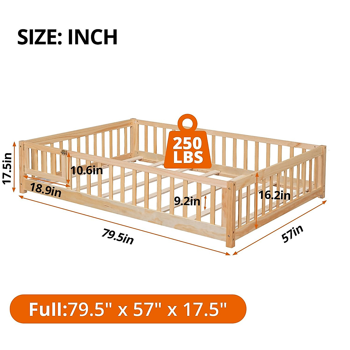 i-POOK Full Floor Bed for Children, Sturdy Wood Montessori Bed Frame with Wood Slats, Fence & Door, Montessori Floor Bed for Girls and Boys, Natural (with Bed Slats)