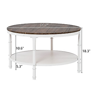 VINGLI 31.5" Dark Walnut White Round Farmhouse Coffee Table, 2-Tier Storage Wood Center Circle Accent Table for Living Room, Bedroom, Apartment, Studio and Small Spaces, Sturdy Metal Frame