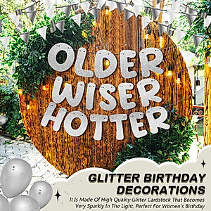 Fulmoon Set of 3 Pre Strung Older Wiser Hotter Glitter Banner Funny Birthday Banner for Women 30th 40th 50th 60th 70th 80th Birthday Party Decorations Sign Gift(Silver)