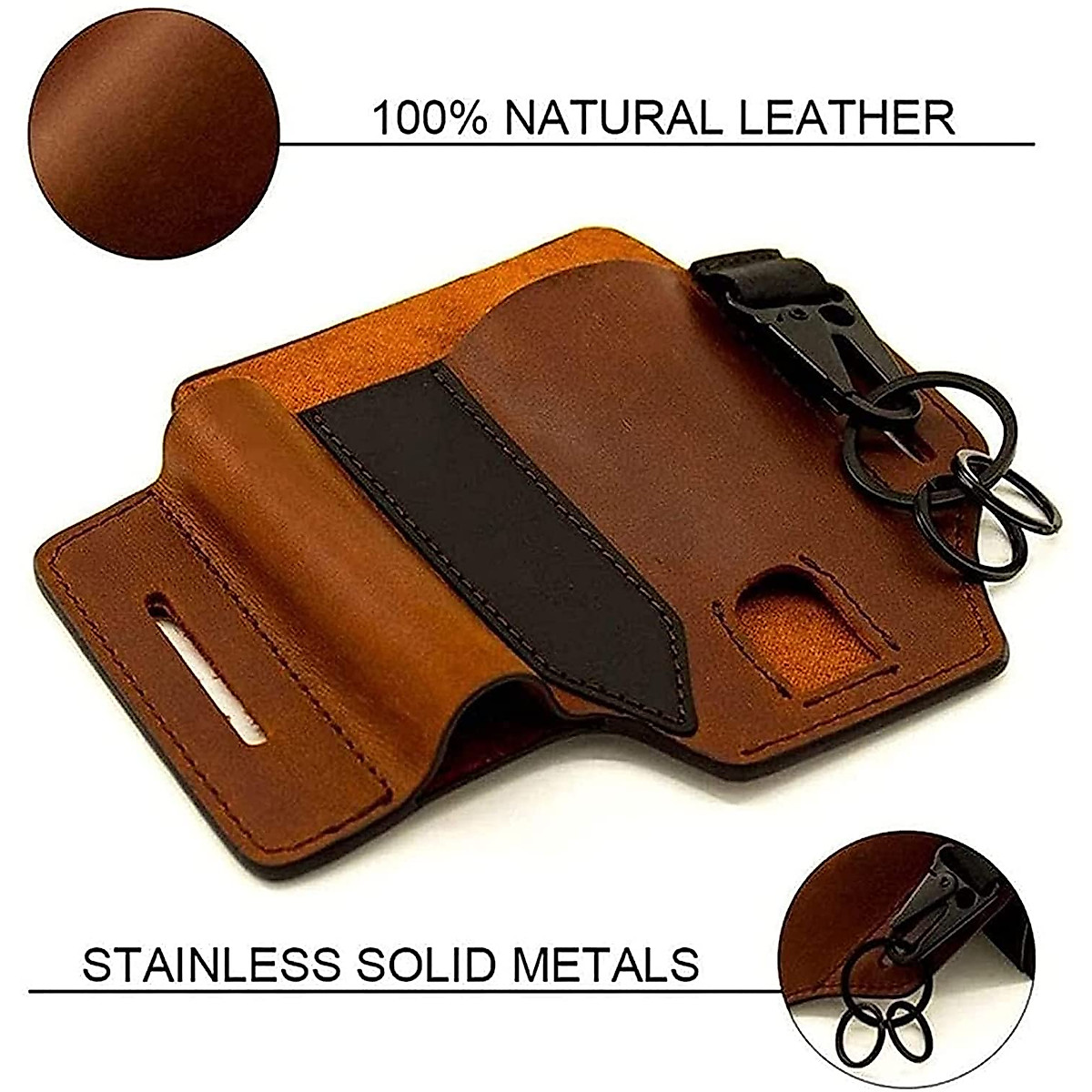 Leather Multi Tool Sheath Pocket Organizer,Multi-Function Tool Sheath for Belt, with Pen Holder, Key Chain, Flashlight Sheath.Everyday Carry (Brown)