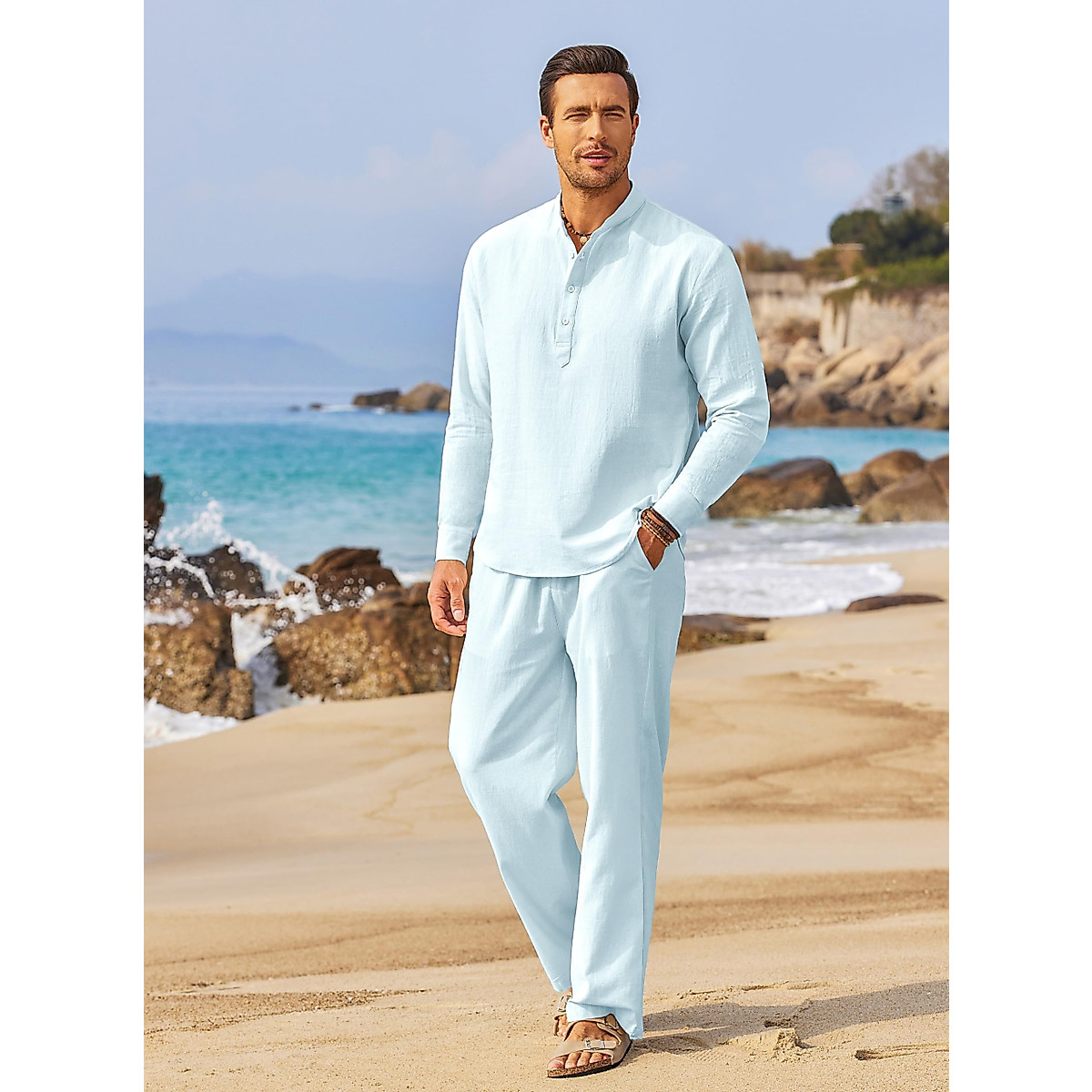 COOFANDY Men's 2 Pieces Cotton Linen Set Long Sleeve Henley Shirts Casual Beach Pants With Pockets Summer Yoga Outfits