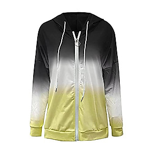 Women's Casual Zipper Hoodie V Neck Long Sleeve Loose Soft Tops Gradient Print Tunic Blouse Coat with Split Yellow
