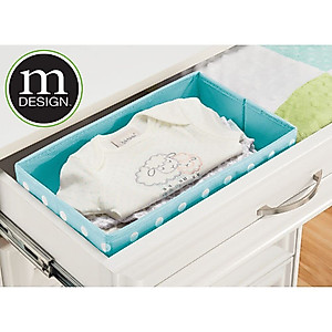 mDesign Fabric Drawer Organizer Bins, Kids/Baby Nursery Dresser, Closet, Shelf, Playroom Organization, Hold Clothes, Toys, Diapers, Bibs, Blankets, 4 Pack - Turquoise Blue/White Polka Dot