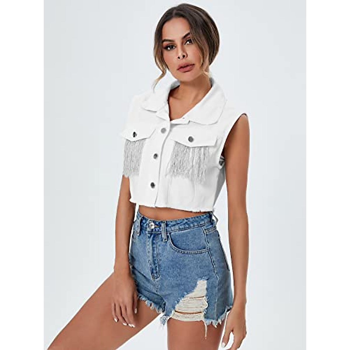 Verdusa Women's Fringe Raw Trim Sleeveless Denim Vest Jean Jacket Coat White S