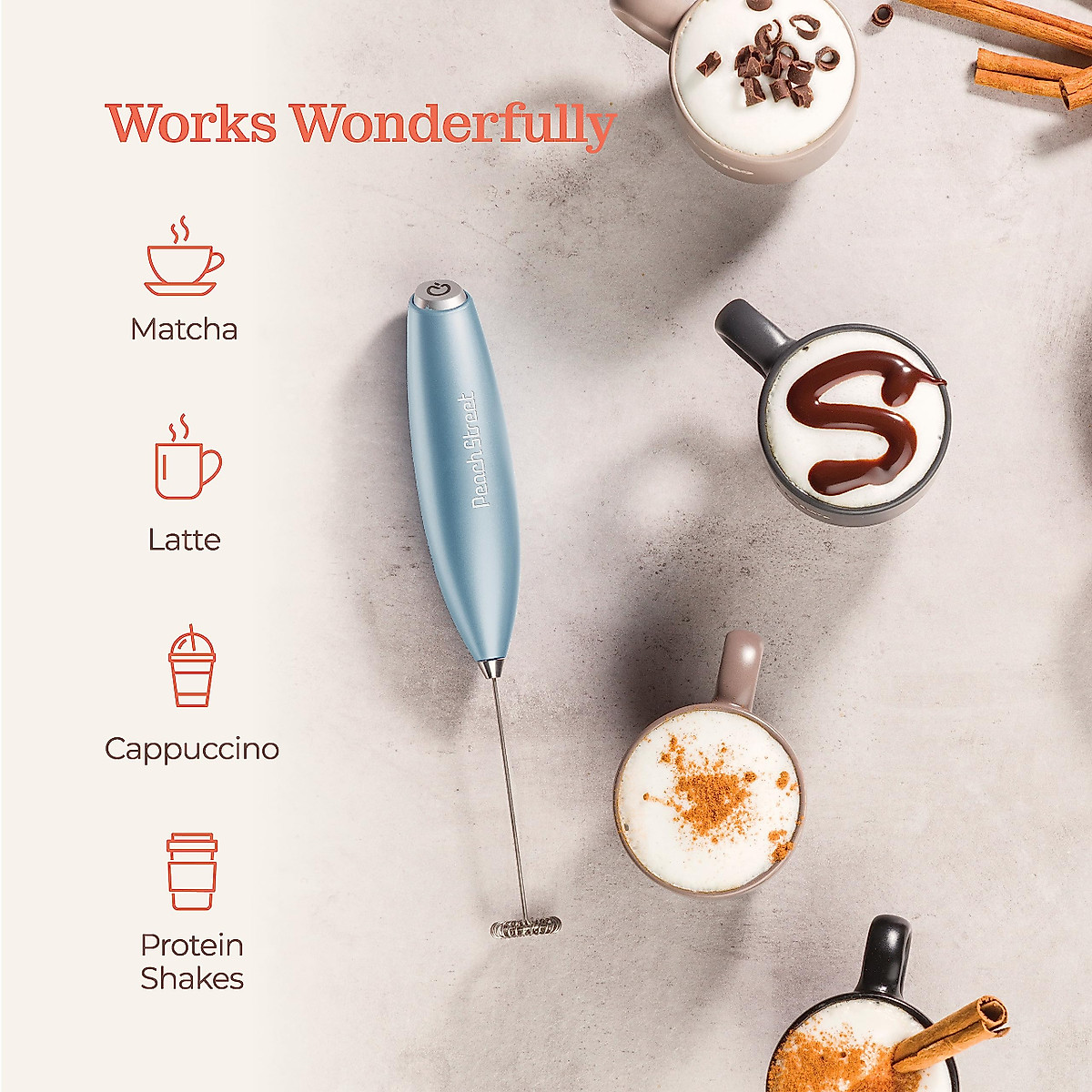 Powerful Handheld Milk Frother, Mini Milk Foamer, Battery Operated (Not included) Stainless Steel Drink Mixer with Frother Stand for Coffee, Lattes, Cappuccino, Frappe, Matcha, Hot Chocolate.