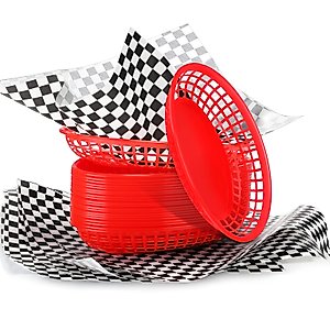 48 Pack Red Oval Fast Food Basket and 200 Pack Black Checkered Deli Liner Set 8.9 x 5.7 x 1.8 Inch Retro Style Plastic Food Baskets for Serving Burger Chip Food Baskets for Home, Restaurants, Picnic