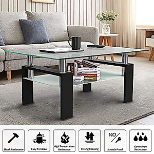 Depointer Life Glass Coffee Table, Rectangle Modern Side Coffee Table with Lower Shelf, Perfect for Living Room Conversation Leisure Occasions, Metal Leg, Black