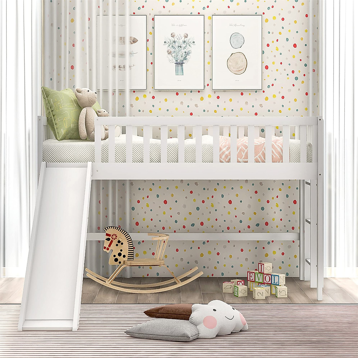 Harper & Bright Designs Twin Size Low Loft Bed with Slide, Wood Low Loft Bed for Kids, Girls, Boys (White)