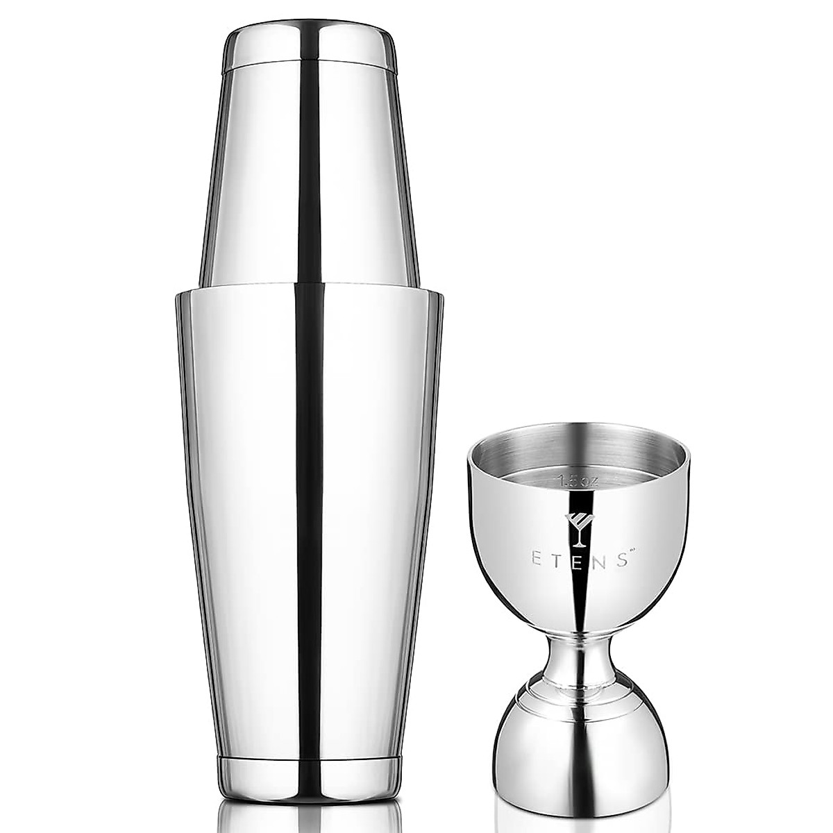 Etens Boston Cocktail Shaker Double Jigger Set, Bundle Shaking Tins 28oz 18oz & Bell Jigger 2oz 1oz for Bartending – Bar Drink Margarita Mixer | Shot Measure Jigger with Measurement | Bartender Kit