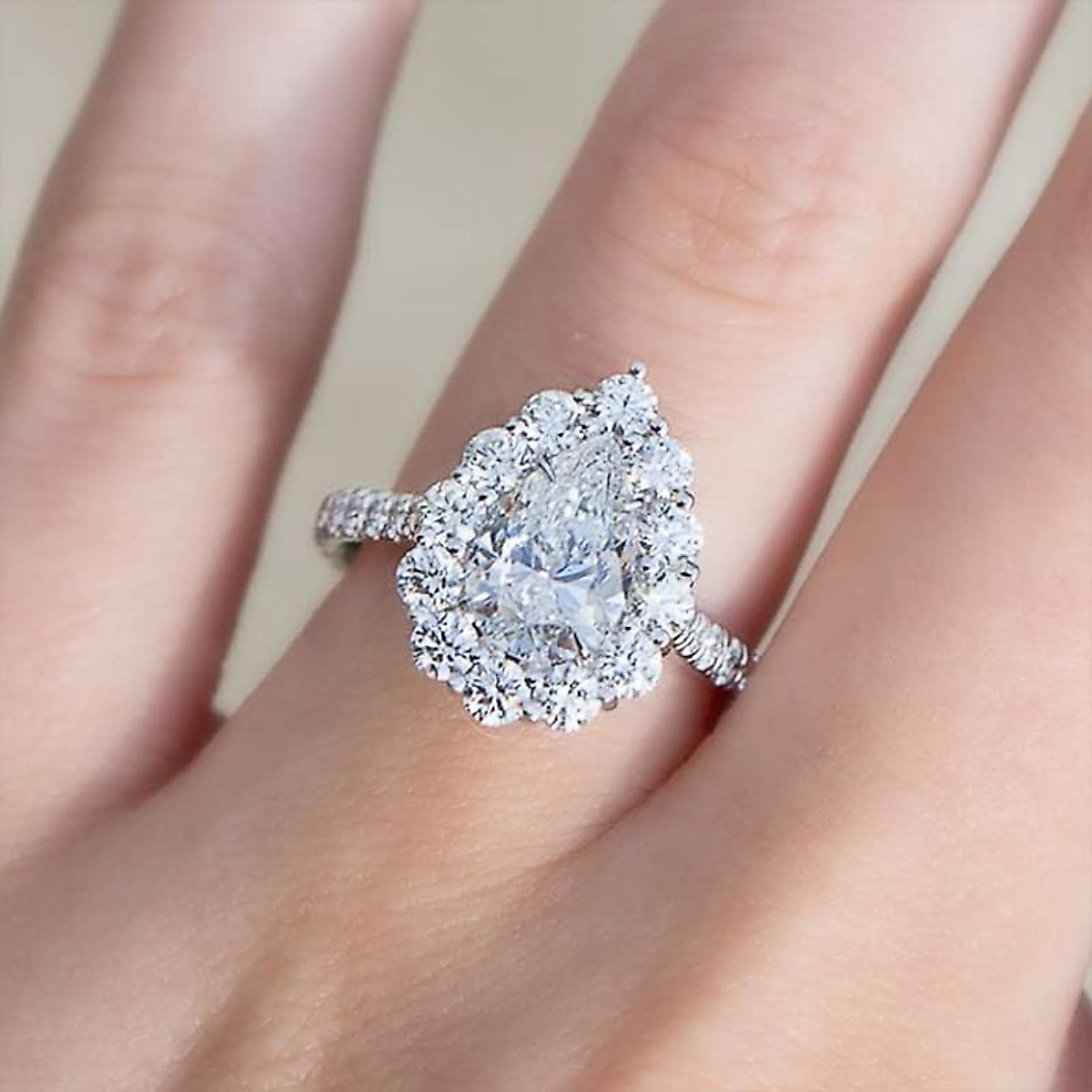 Tobestu Platinum Plated Teardrop Engagement Ring Women Solitaire Cubic Zirconia Halo Promise Rings Y2501 (Size 8)