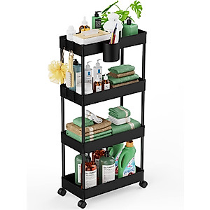LEHOM Slim Rolling Storage Cart - 4 Tiers Bathroom Organizer Utility Cart Slide Out Storage Shelves Mobile Shelving Unit for Kitchen, Bedroom, Office, Laundry Room, Small Narrow Spaces Black