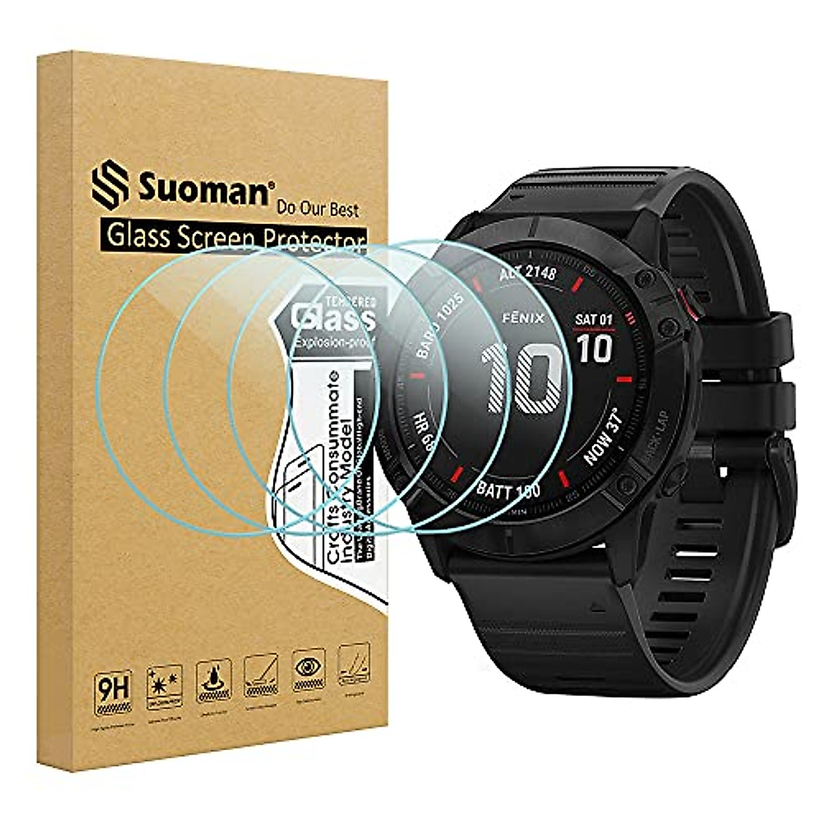 Suoman 4-Pack for Garmin Fenix 6X Pro/ 6X Pro Solar/ 6X Sapphire Screen Protector, 2.5D 9H Hardness Tempered Glass for Garmin Fenix 6X Pro/ 6X Pro Solar/ 6X Sapphire Smartwatch