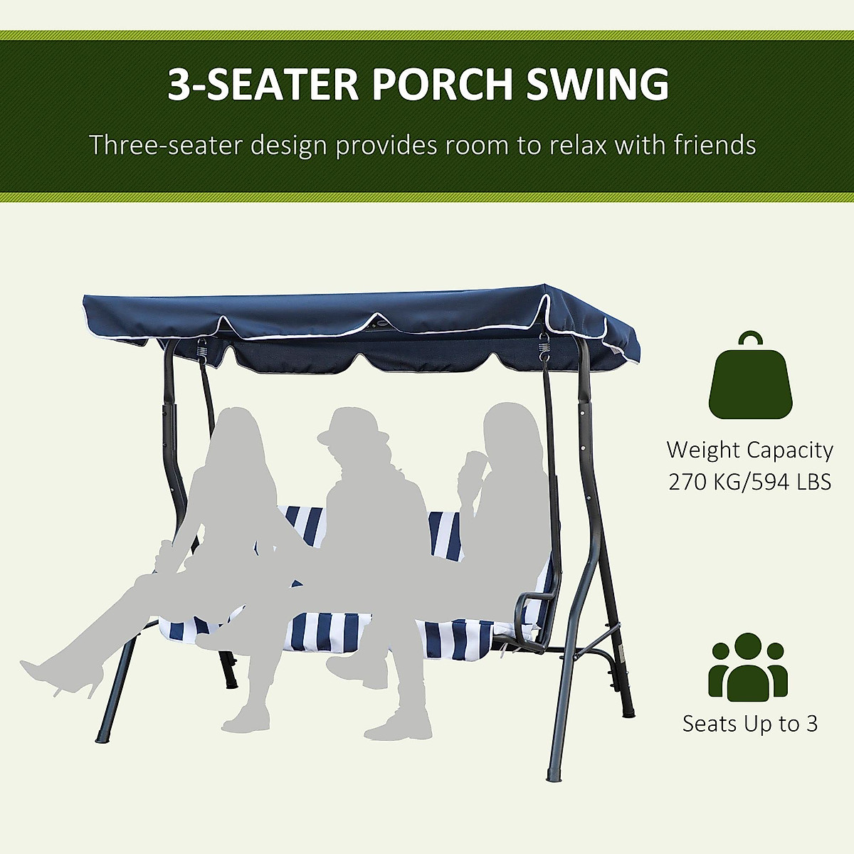 Outsunny 3-Person Patio Porch Swing with Adjustable Canopy for Adults, Steel Frame, Seat & Backrest Cushion, Armrests, Dark Blue & White Striped