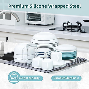 Ohuhu Over Sink Dish Drying Rack 17.6" L x 15.4" W Large Roll Up Drainer Foldable Rolling Mat Dryer Roll Out RV Drain - Silicone Coated Steel Multipurpose Space Saving for Kitchen Counter Anti-Slip