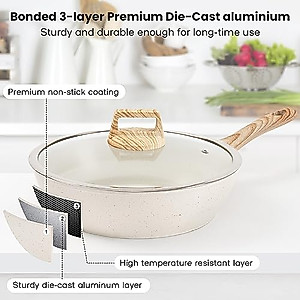 SODAY Pots and Pans Set, Nonstick Kitchen Cookware Sets, 12 Pcs Induction Cookware Granite Cooking Set with PFOS & PFOA Free Frying Pans, Saucepans, Steamer Silicone Shovel Spoon & Tongs (White)