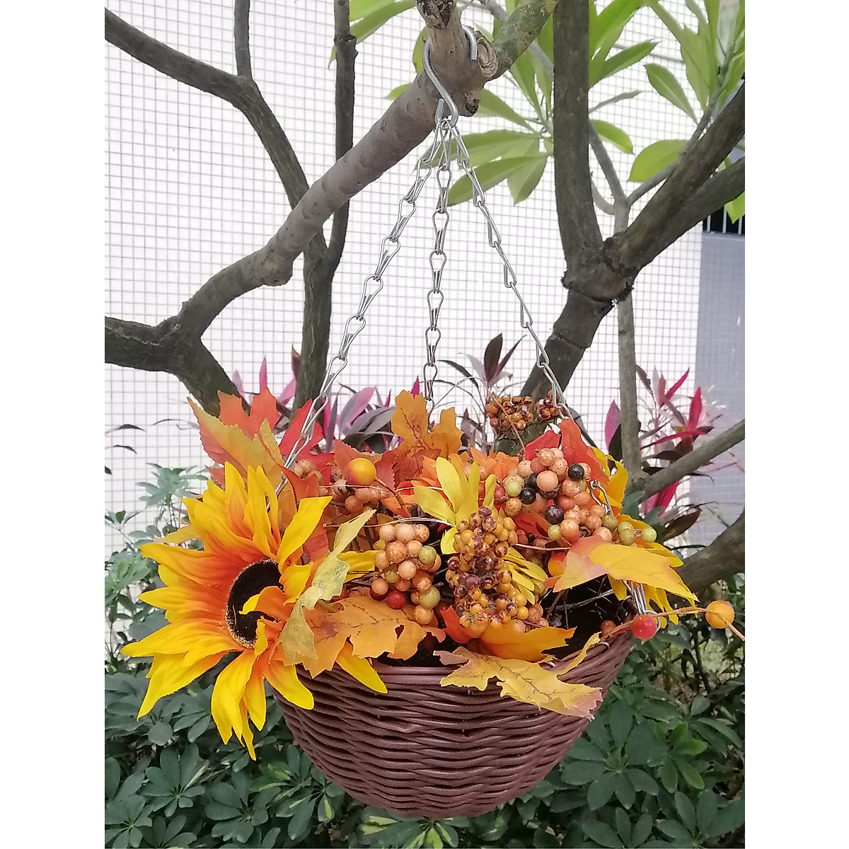 ELFENGARDEN Sunflower Hanging Basket Decorative Indoor Outdoor - Basket with Artificial Daisy Hanging Plant for Living Room Home Office Garden - 10 LEDs Light Up Autumn Flower Hanging Basket