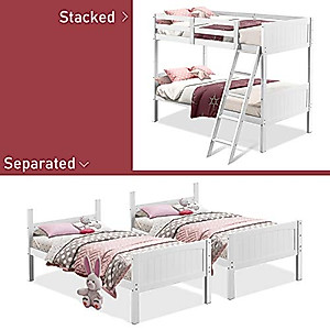 Costzon Wood Twin Over Twin Bunk Beds Convertible 2 Individual Twin Beds for Kids Children, Solid Rubberwood Bunk Bed with Ladder and Safety Rail (White)