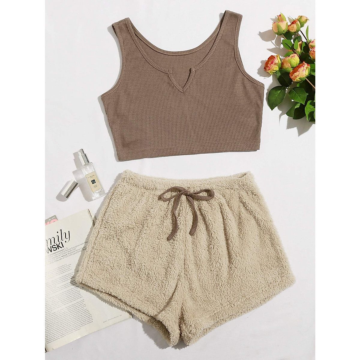 Verdusa Women's Notched Tank Top & Tie Front Teddy Shorts Lounge Pajama Set Multicolored S