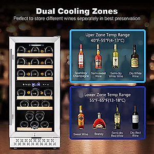Tylza Mini Fridge 15 Inch Wine Cooler Under Counter, 30 Bottle Dual Zone Wine Fridge with Stainless Steel, Wine Refrigerator Freestanding, and Built-in Wine Cellars